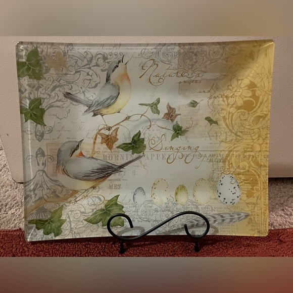 Accents | 13 X 1 Decorative Glass Tray Platter Birds Leaves With Stand ...